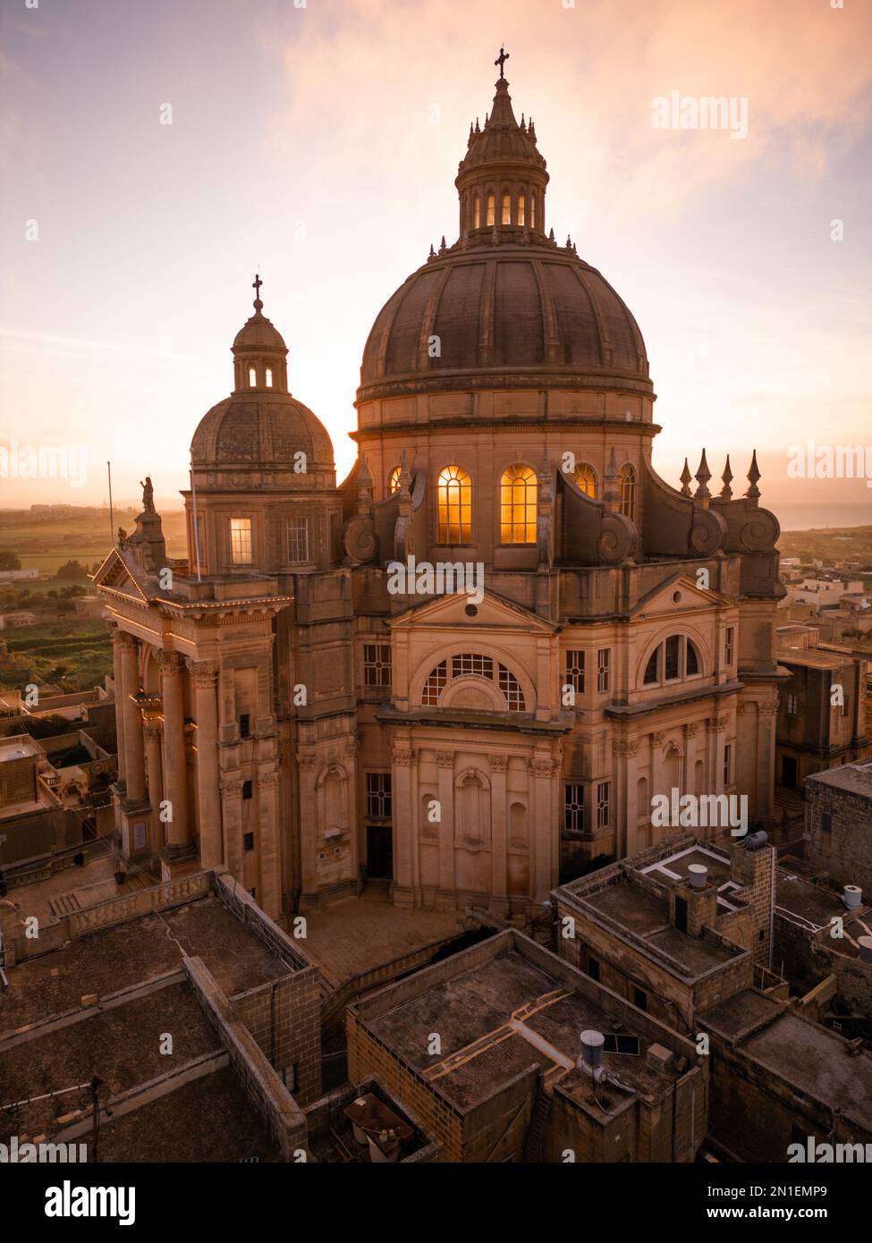 A vertical aerial of Rotunda St. John Baptist Church in Xewkija, Malta ...