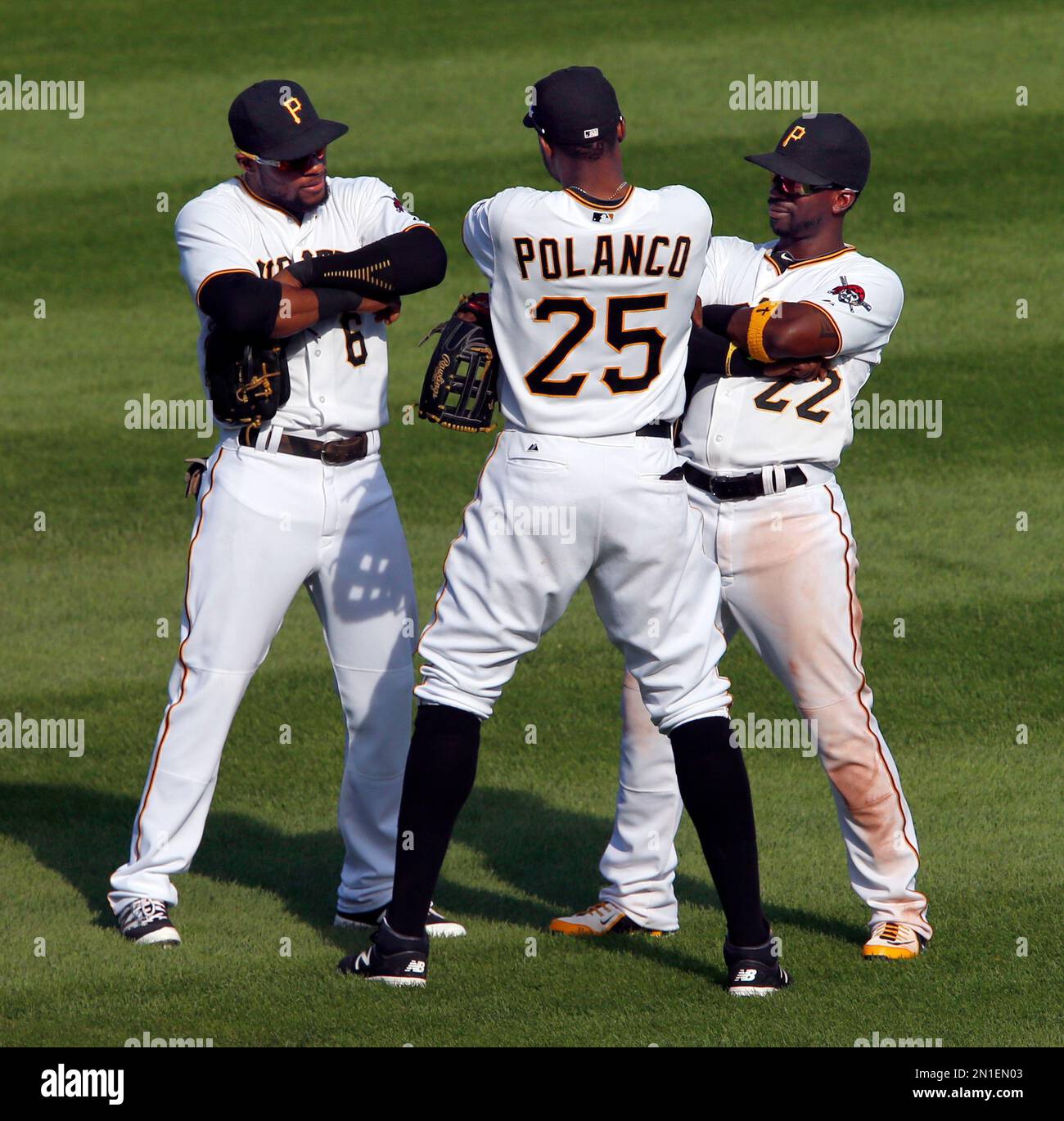 Pittsburgh Pirates outfielders Starling Marte, left, Gregory Polanco ...