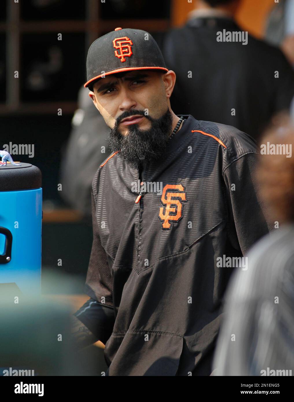 San Francisco Giants pitcher Sergio Romo looks on from the dugout ...