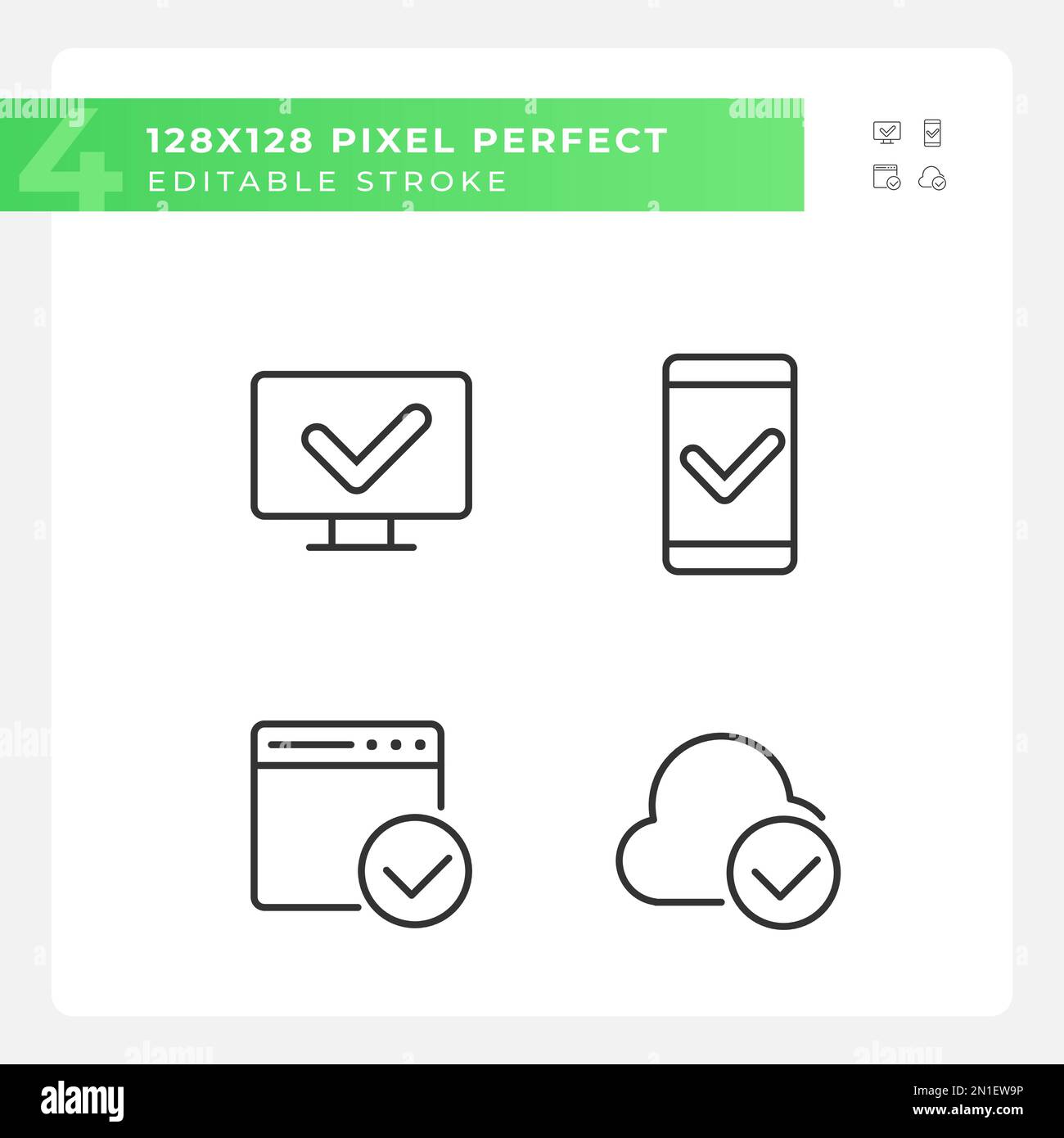 Checkmarks in digital technologies pixel perfect linear icons set Stock ...