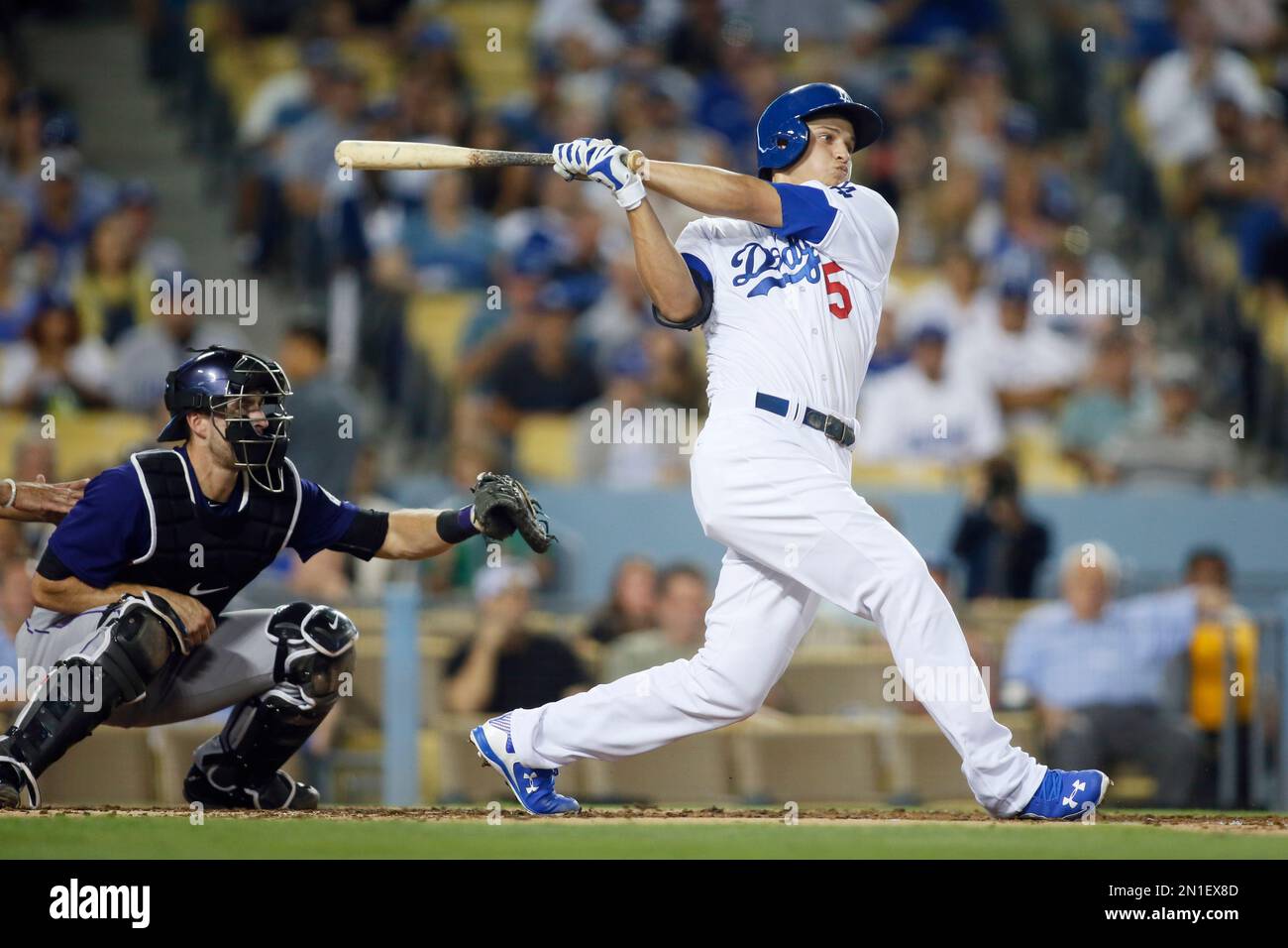 Los Angeles Dodgers' Corey Seager hits a double against the Colorado ...