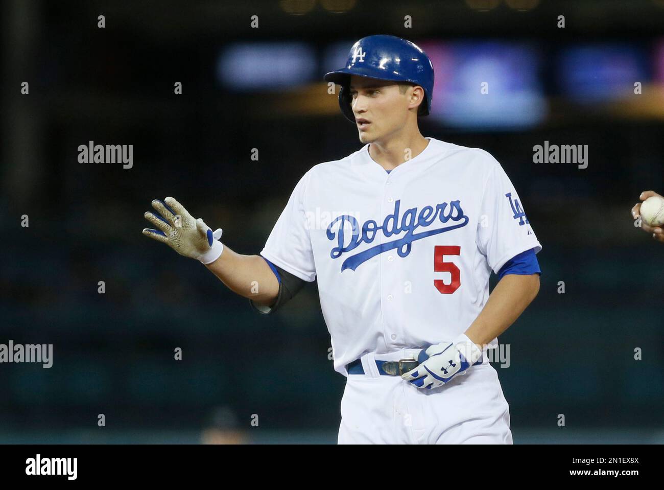 Los Angeles Dodgers' Corey Seager reacts after hitting a double against ...