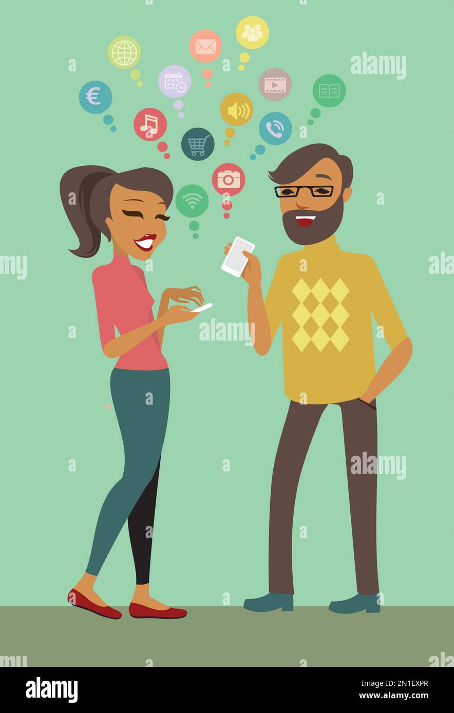 Couple using smartphones together flat vector illustration Stock Vector ...