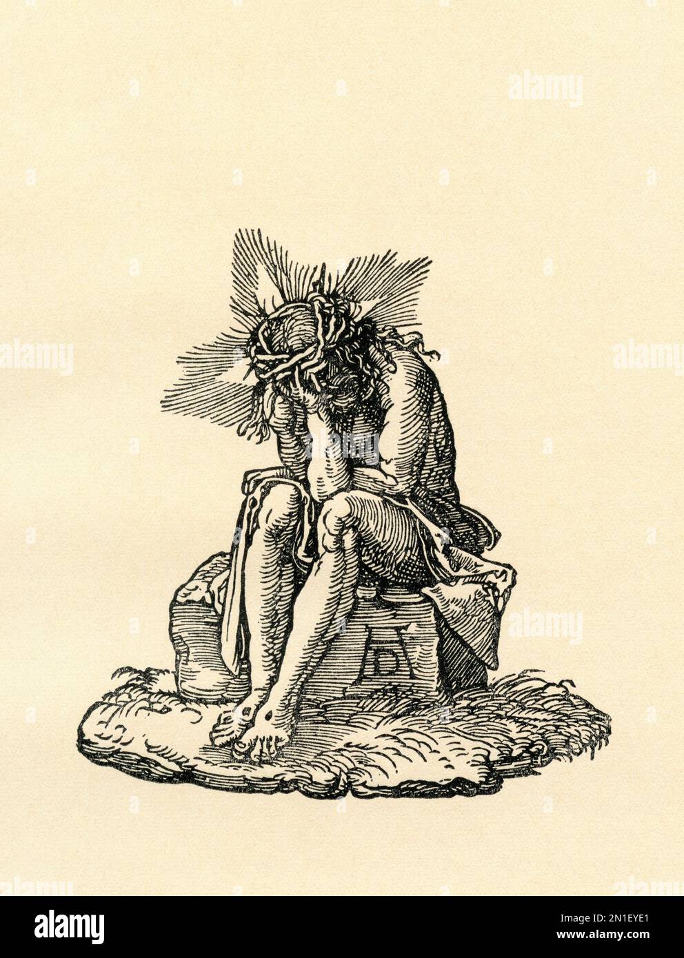 Christ as the Man of Sorrows, sitting on a stone slab and resting his ...