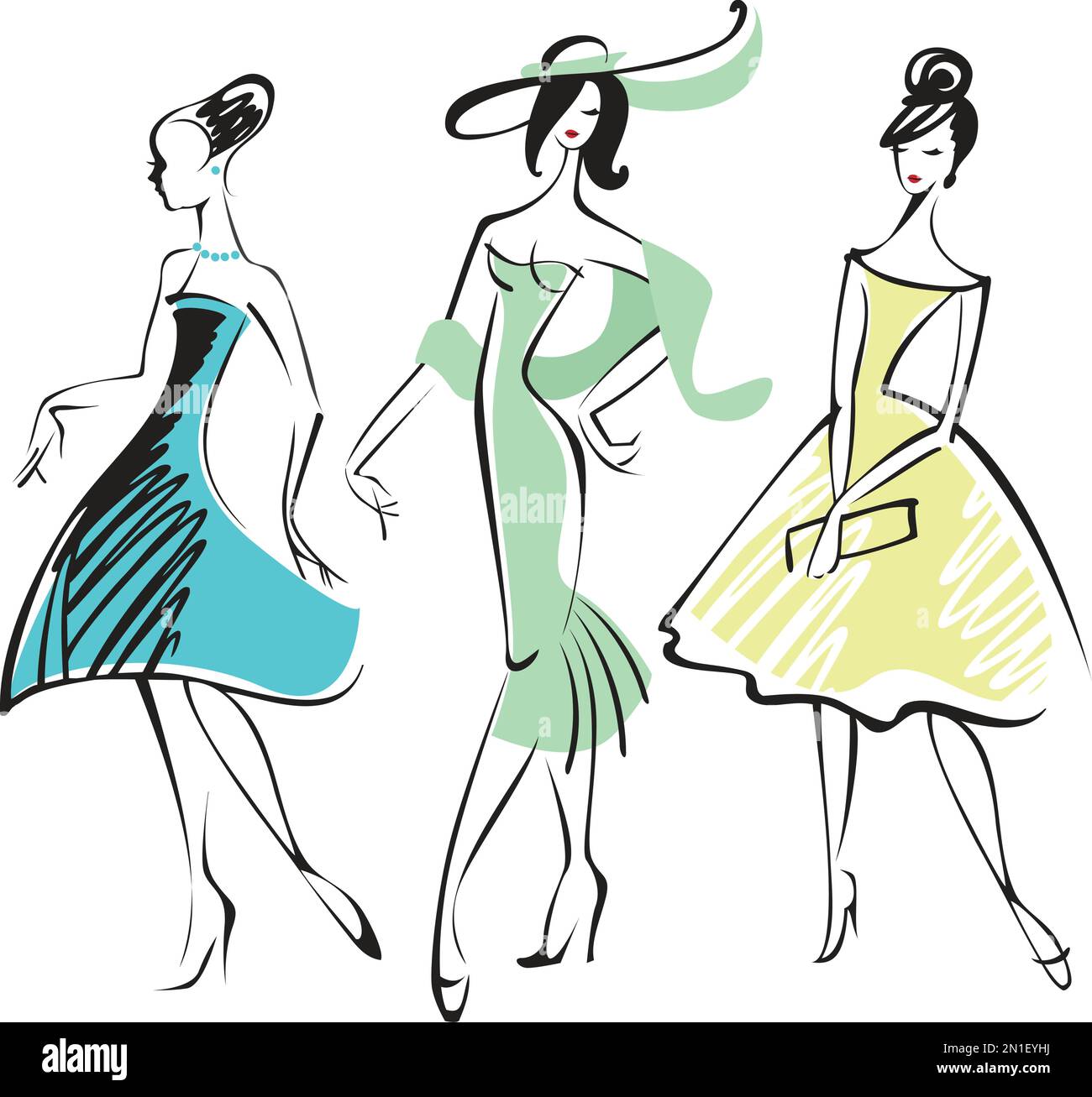 Fashion girls in retro style. Outline vector sketch Stock Vector Image ...