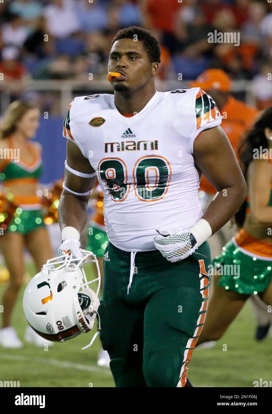 Miami defensive lineman RJ McIntosh walks off the field at the end of ...