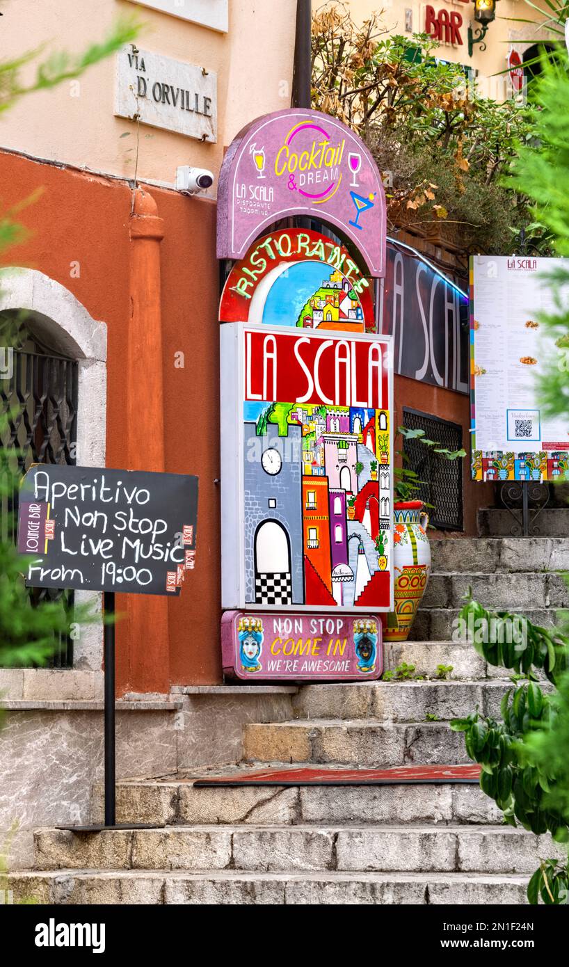 Colourful sign for La Scala Restaurant and cocktail bar, Taormina ...