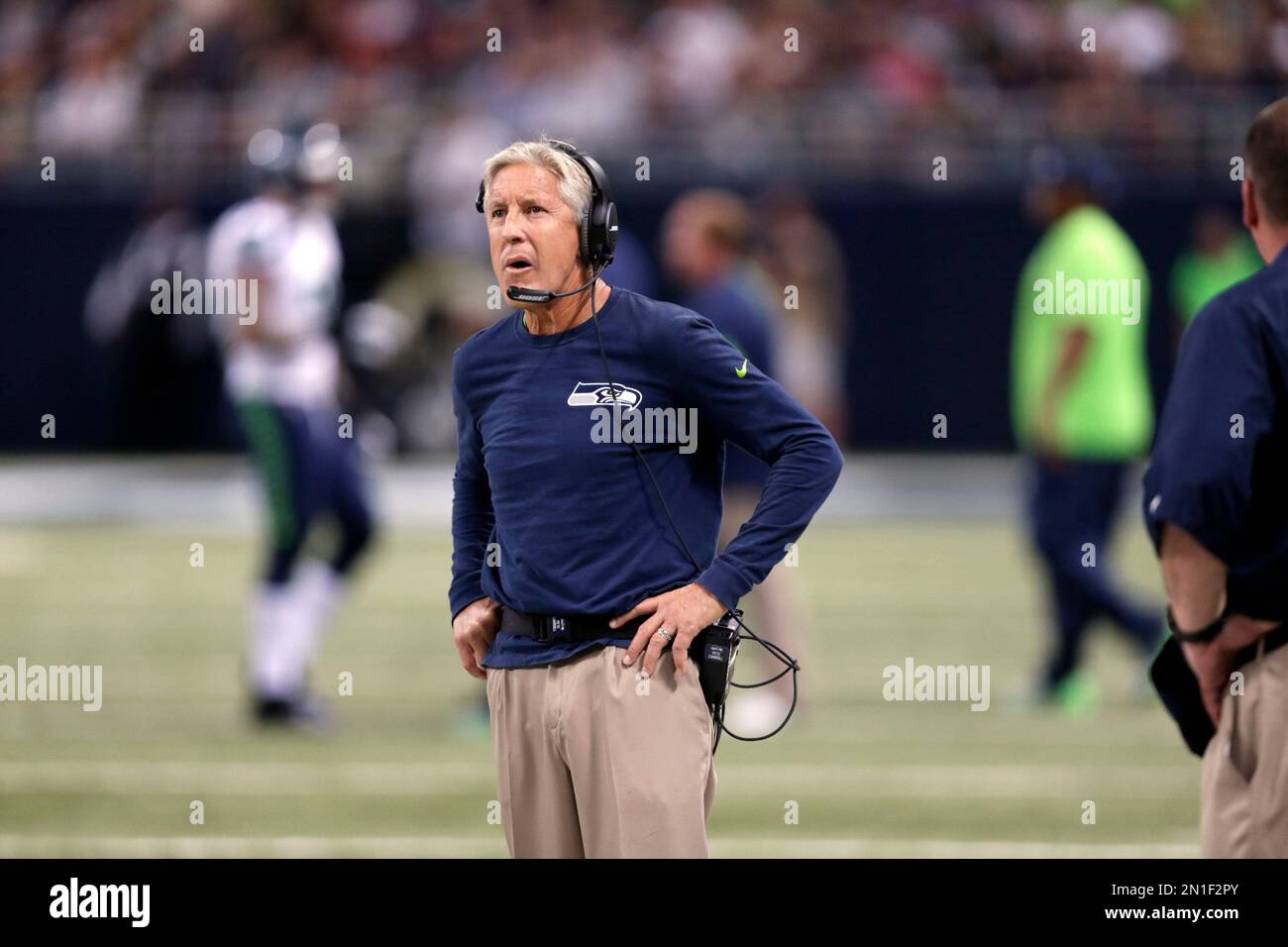 Seattle Seahawks head coach Pete Carroll pauses on the sidelines during ...