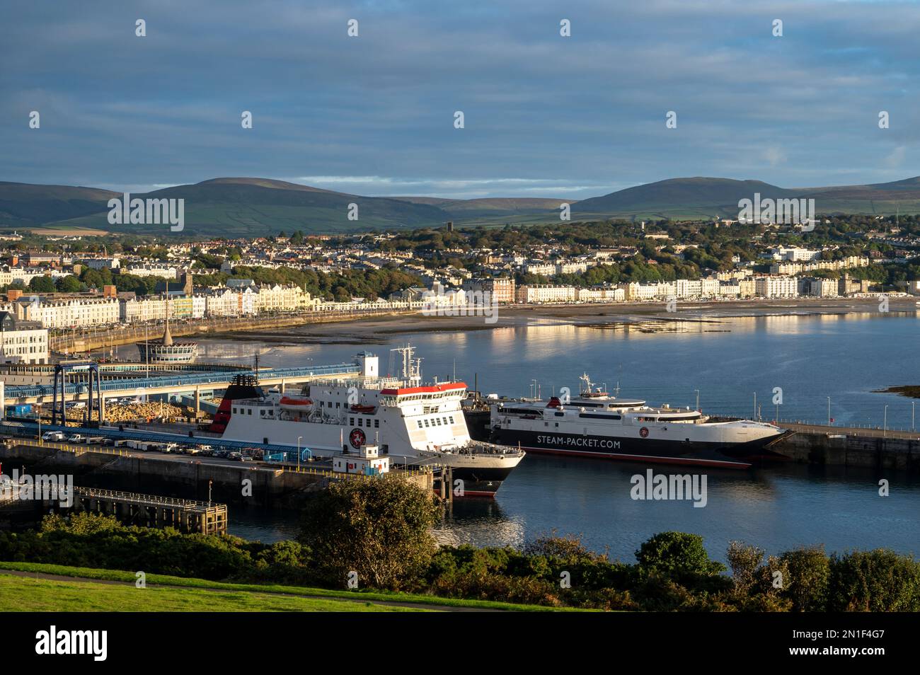 Passenger boat and Seacat and view of Douglas Bay, Douglas, Isle of Man ...
