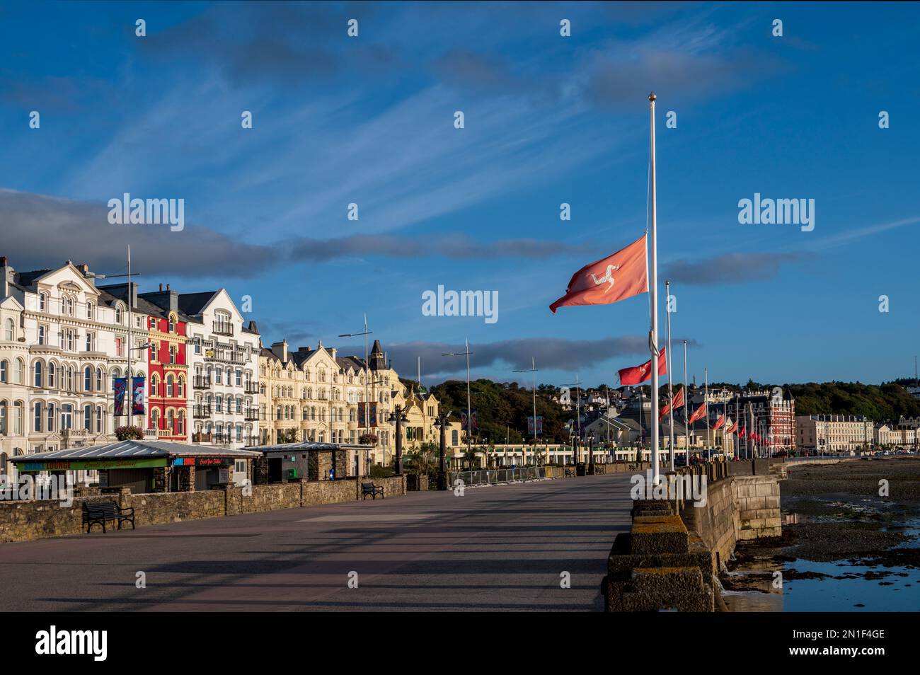 Douglas Promenade with hotels and Manx flags, Douglas, Isle of Man ...