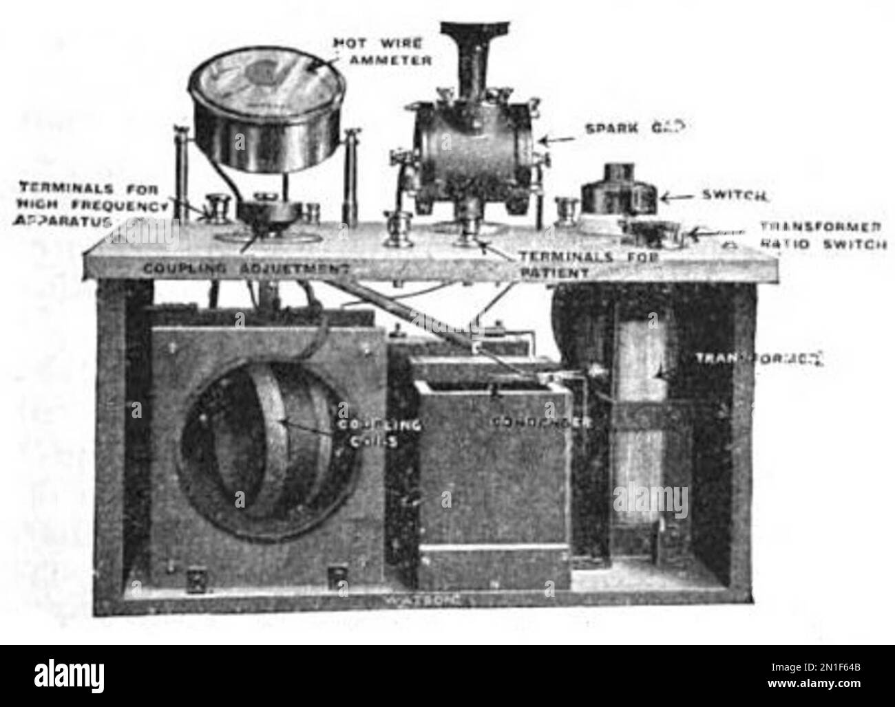 Longwave spark diathermy machine using Tesla circuit, 1921 Stock Photo ...