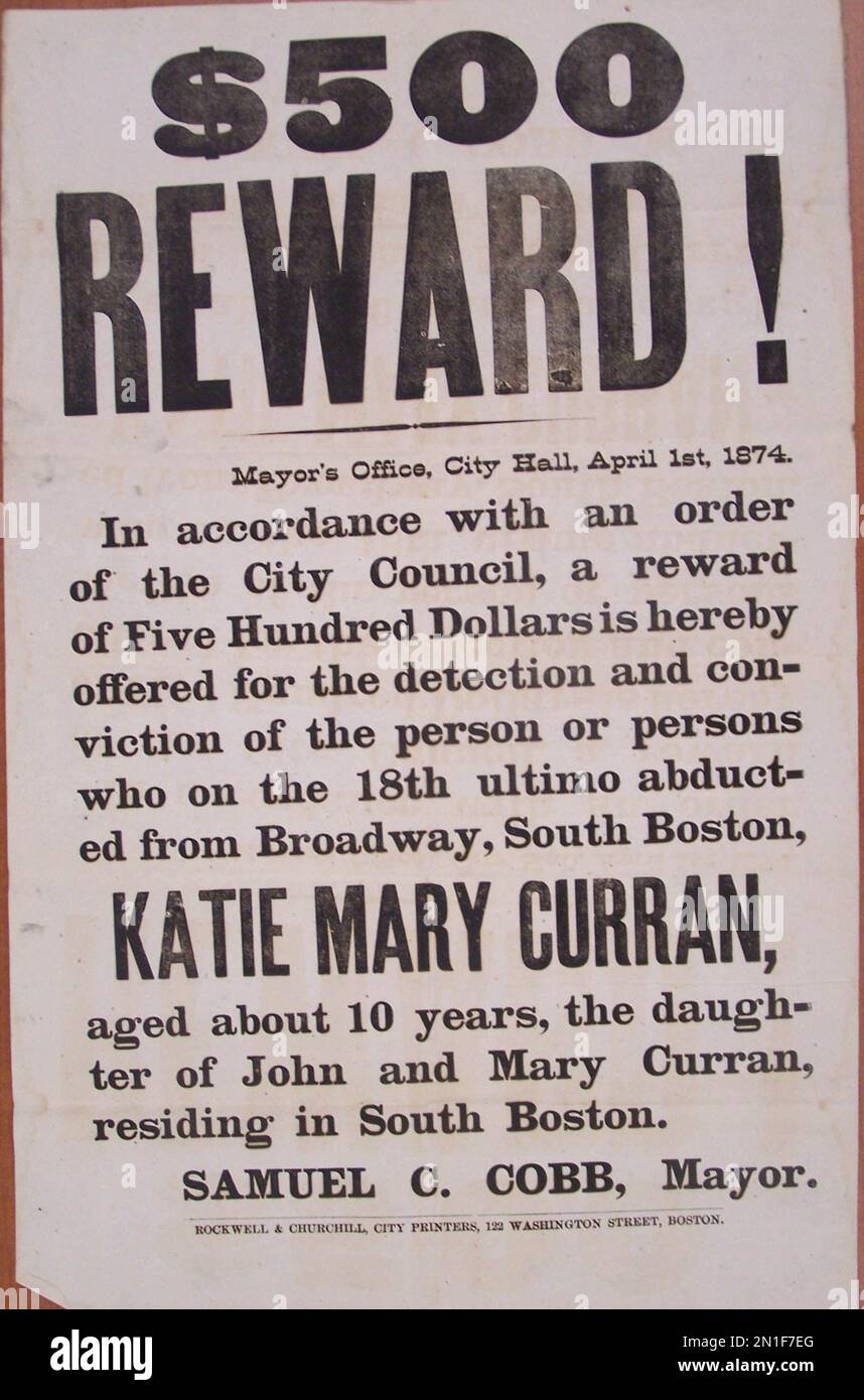Reward poster issued by the City of Boston for information about Katie ...