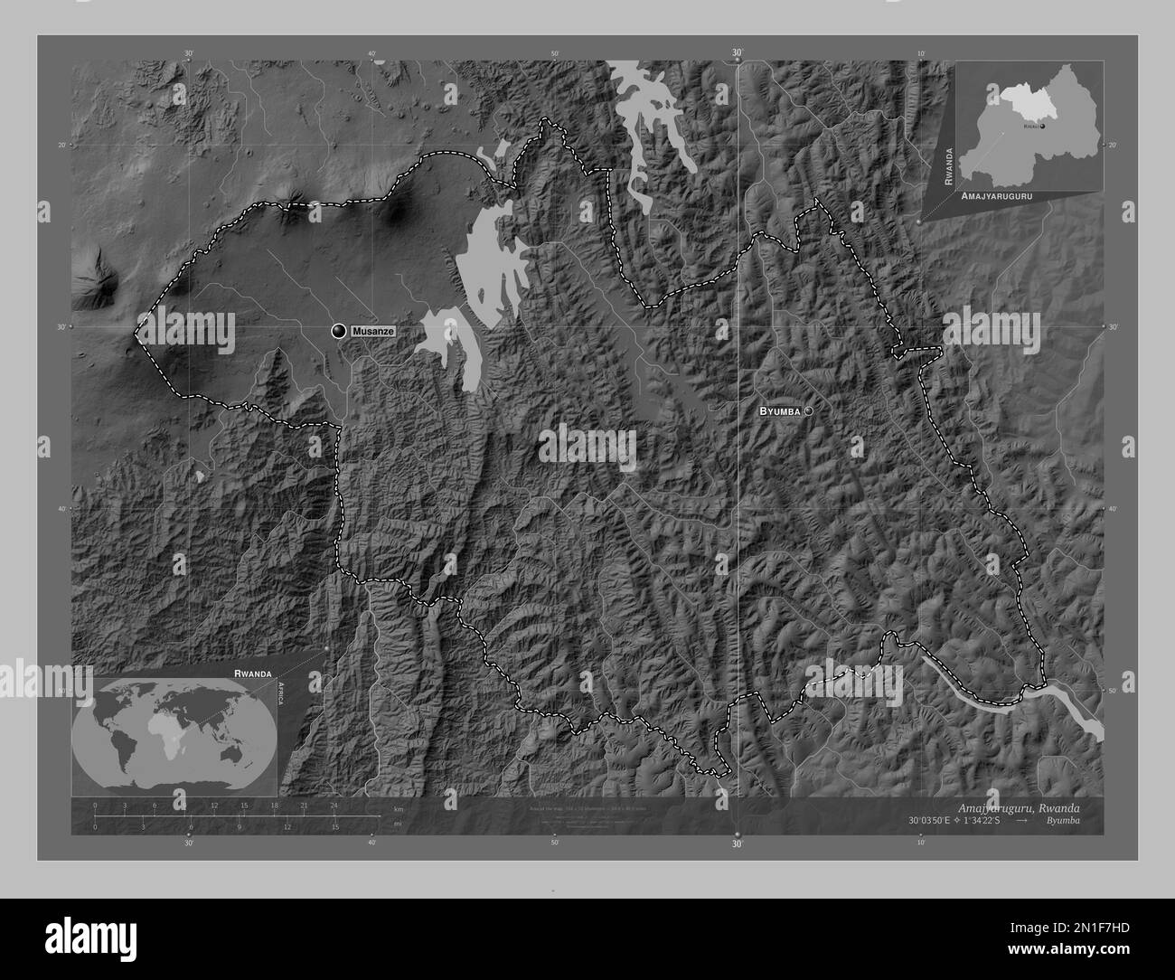 Amajyaruguru, province of Rwanda. Grayscale elevation map with lakes ...