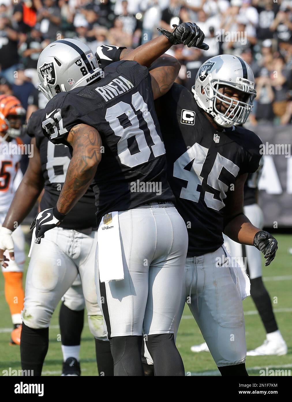 Oakland Raiders fullback Marcel Reece (45) celebrates after scoring on ...