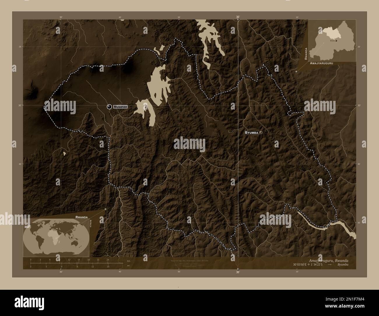 Amajyaruguru, province of Rwanda. Elevation map colored in sepia tones ...
