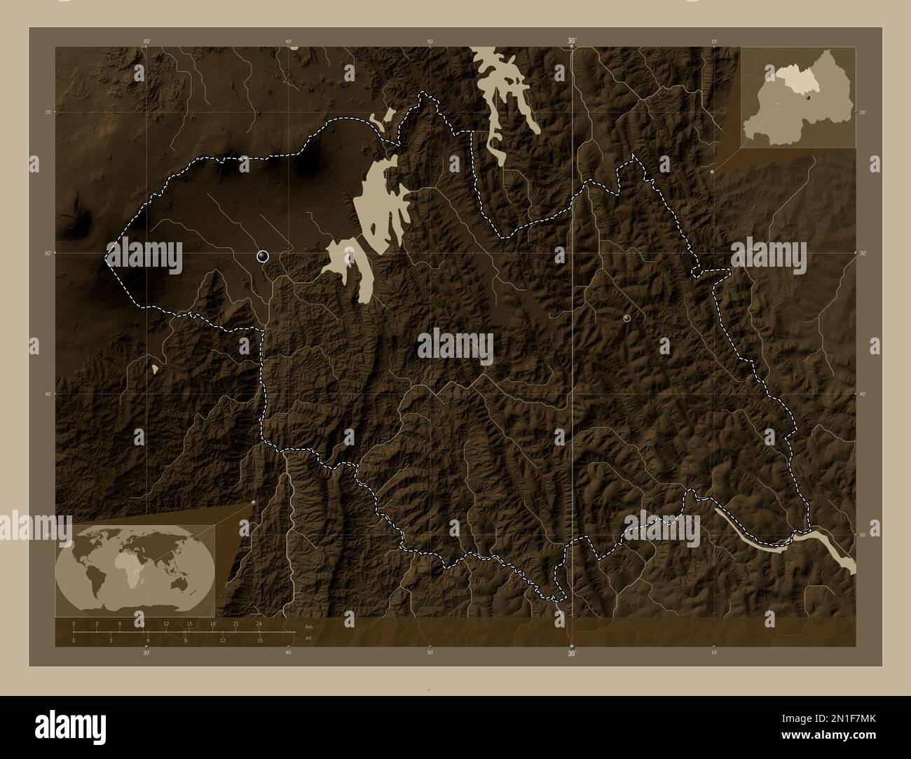 Amajyaruguru, province of Rwanda. Elevation map colored in sepia tones ...