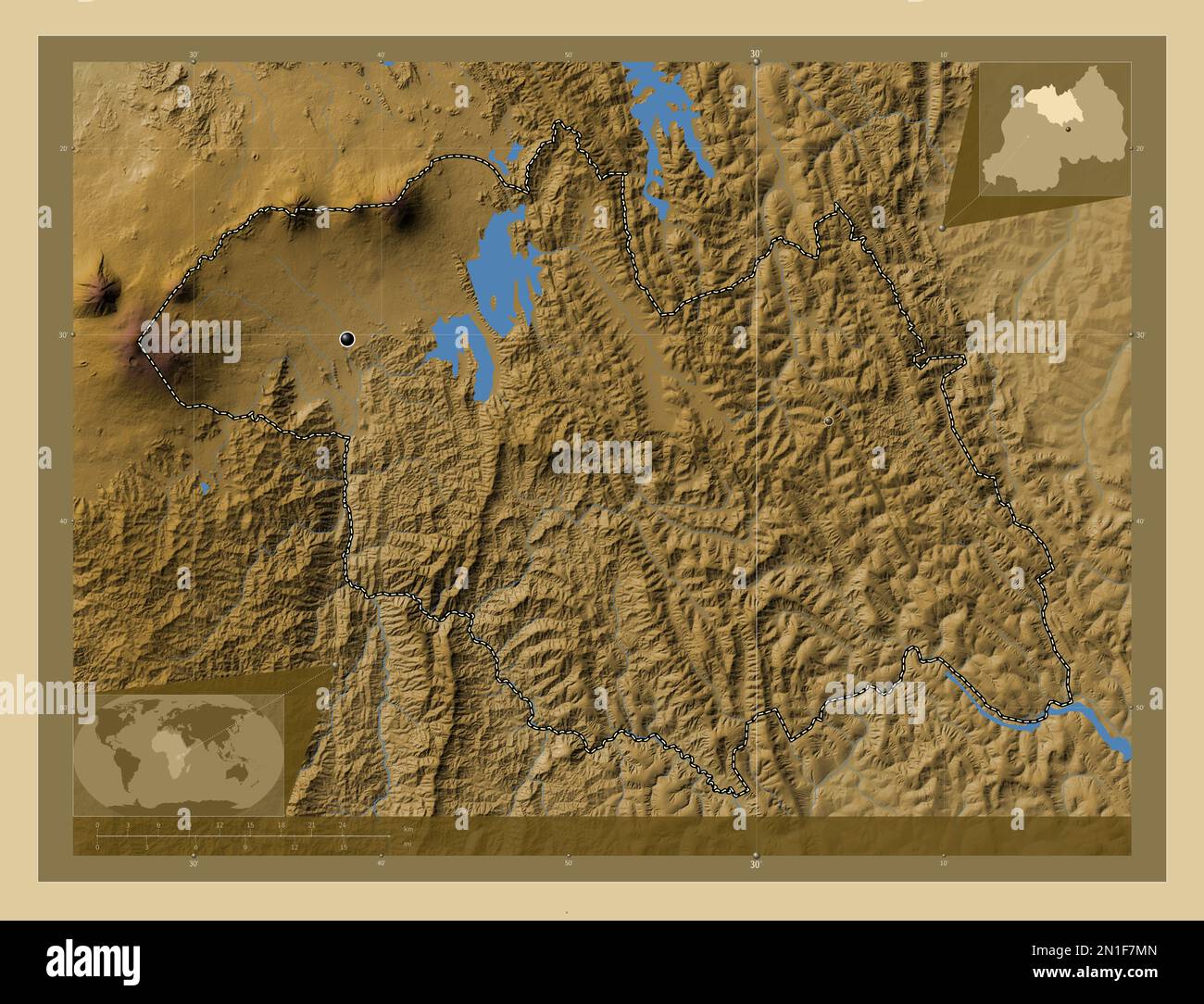 Amajyaruguru, province of Rwanda. Colored elevation map with lakes and ...