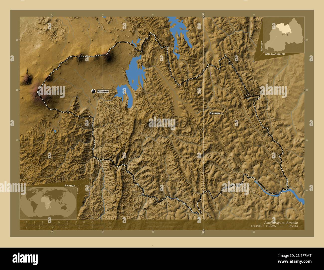 Amajyaruguru, province of Rwanda. Colored elevation map with lakes and ...