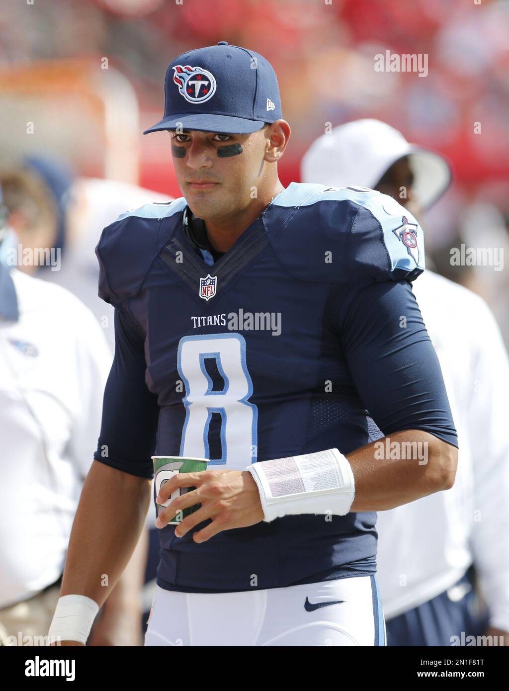 Tennessee Titans quarterback Marcus Mariota (8) walks the sidelines ...