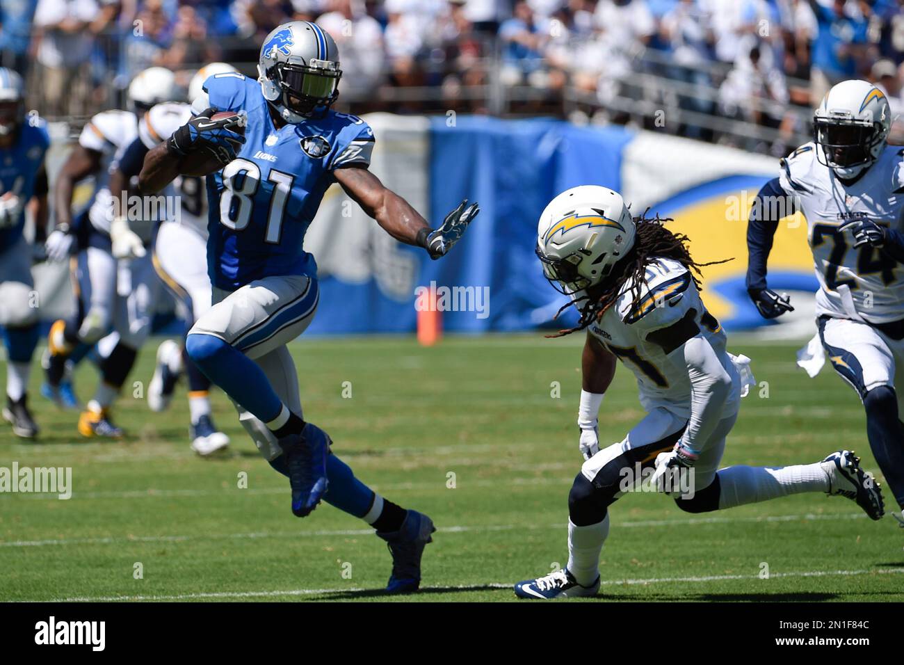 Detroit Lions wide receiver Calvin Johnson (81) runs upfield as San ...