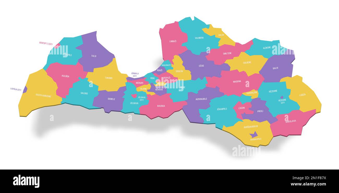 Latvia political map of administrative divisions - municipalities and cities. 3D colorful vector ...
