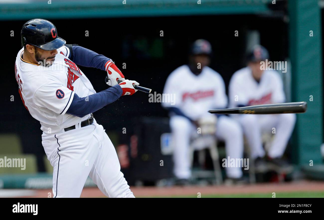 Cleveland Indians’ Mike Aviles hits a single off Detroit Tigers ...