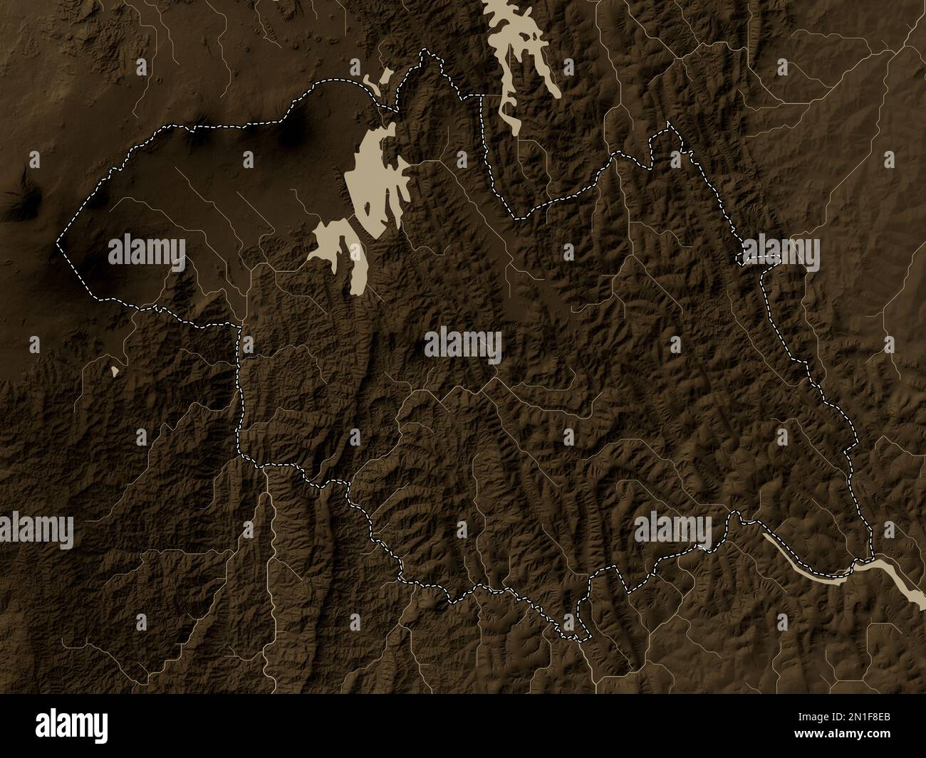 Amajyaruguru, province of Rwanda. Elevation map colored in sepia tones with lakes and rivers ...