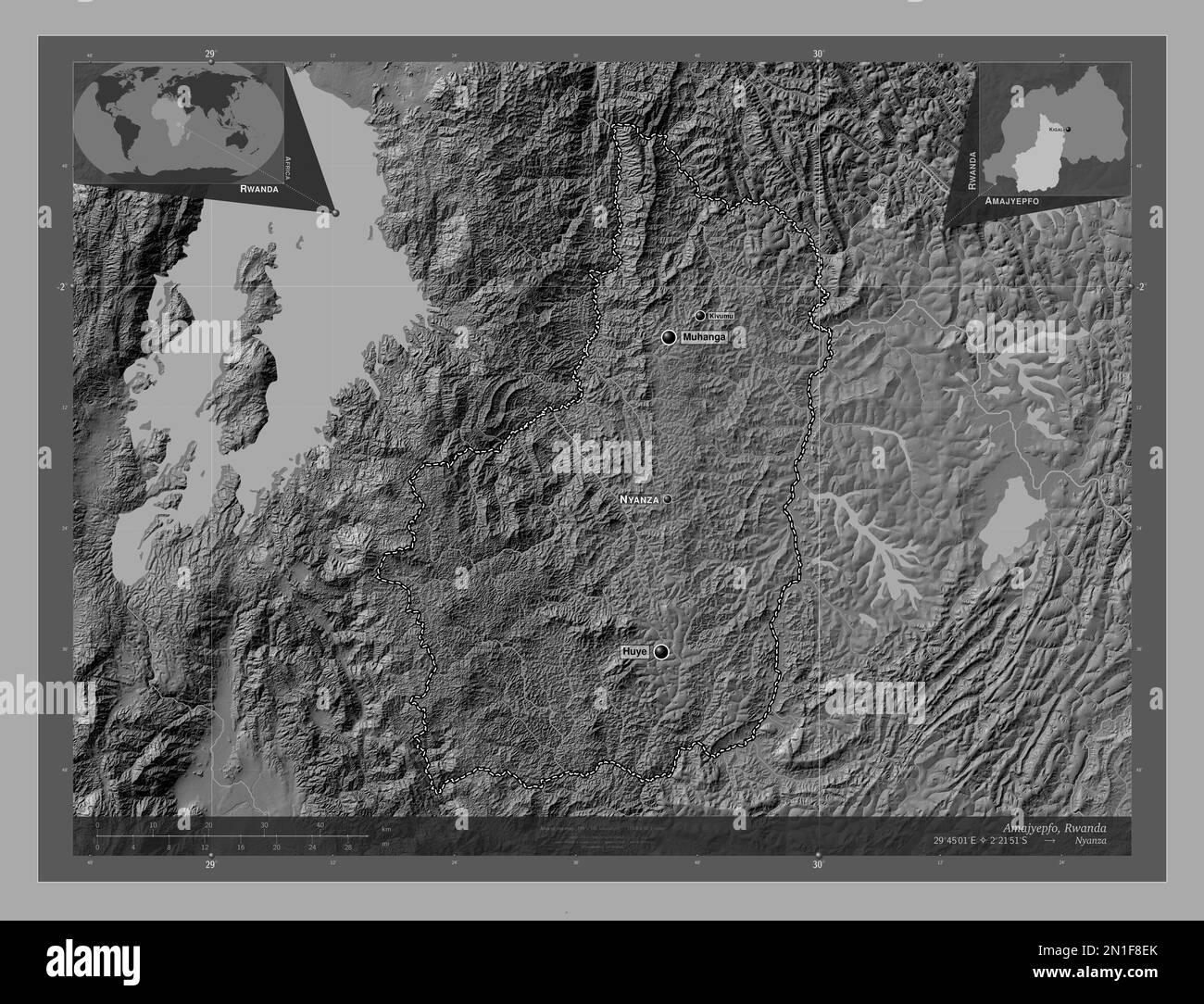 Amajyepfo, province of Rwanda. Bilevel elevation map with lakes and ...
