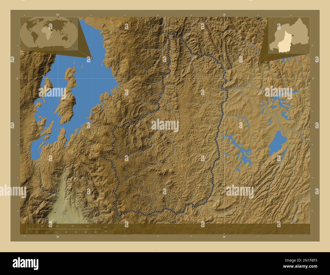 Amajyepfo, province of Rwanda. Colored elevation map with lakes and ...