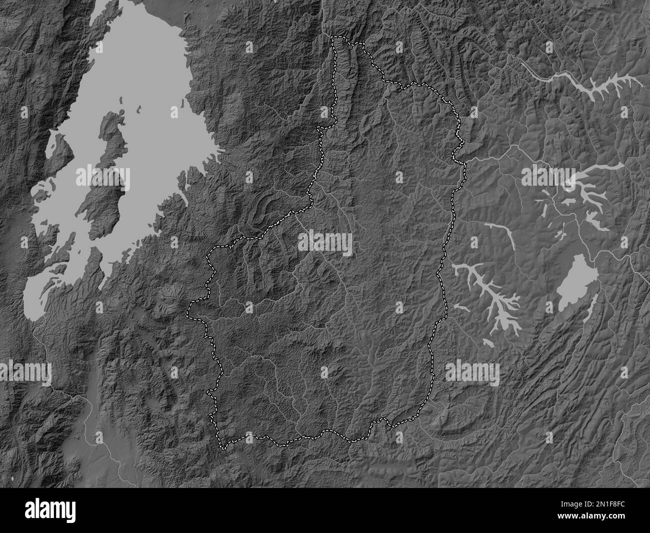 Amajyepfo, province of Rwanda. Grayscale elevation map with lakes and ...