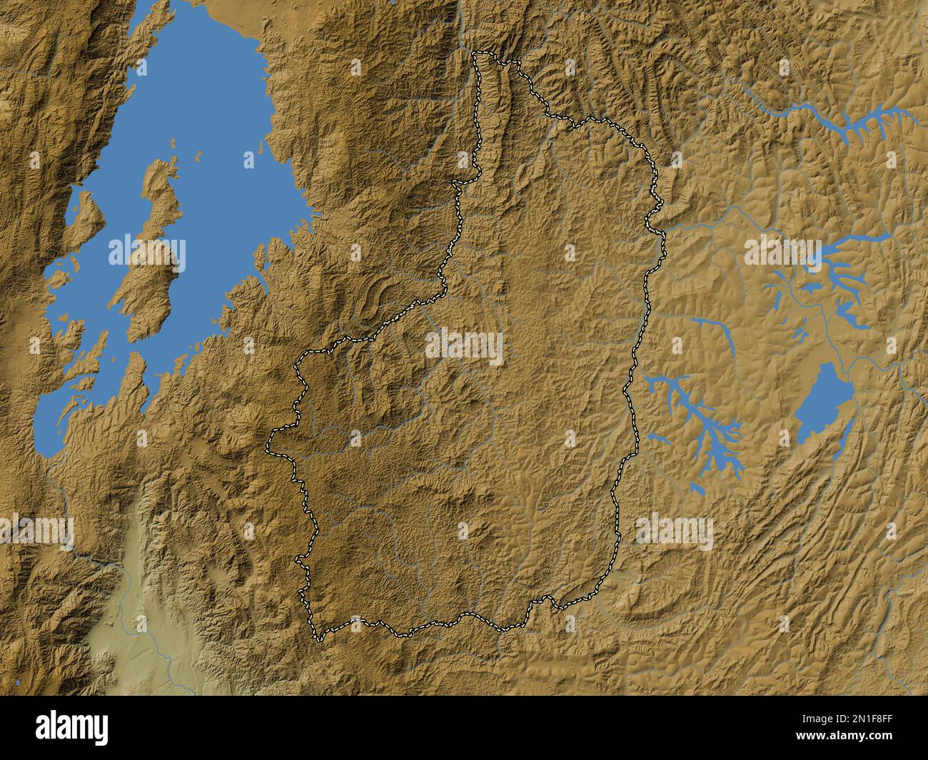 Amajyepfo, province of Rwanda. Colored elevation map with lakes and ...