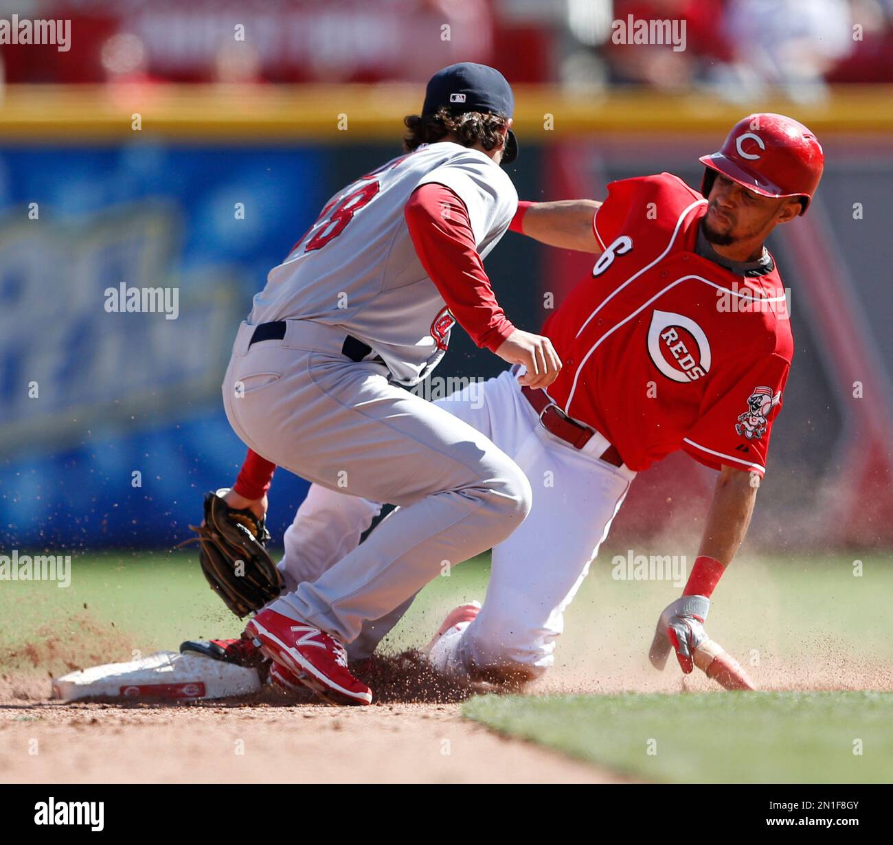Cincinnati Reds center fielder Billy Hamilton (6), is tagged out ...