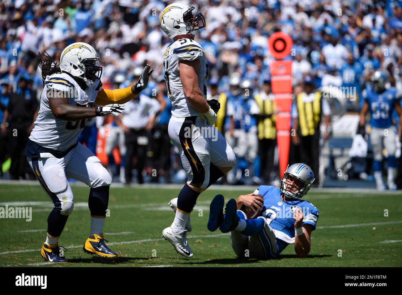 San Diego Chargers linebacker Kyle Emanuel reacts after sacking Detroit ...