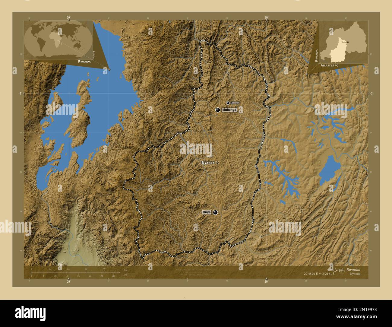 Amajyepfo, province of Rwanda. Colored elevation map with lakes and ...