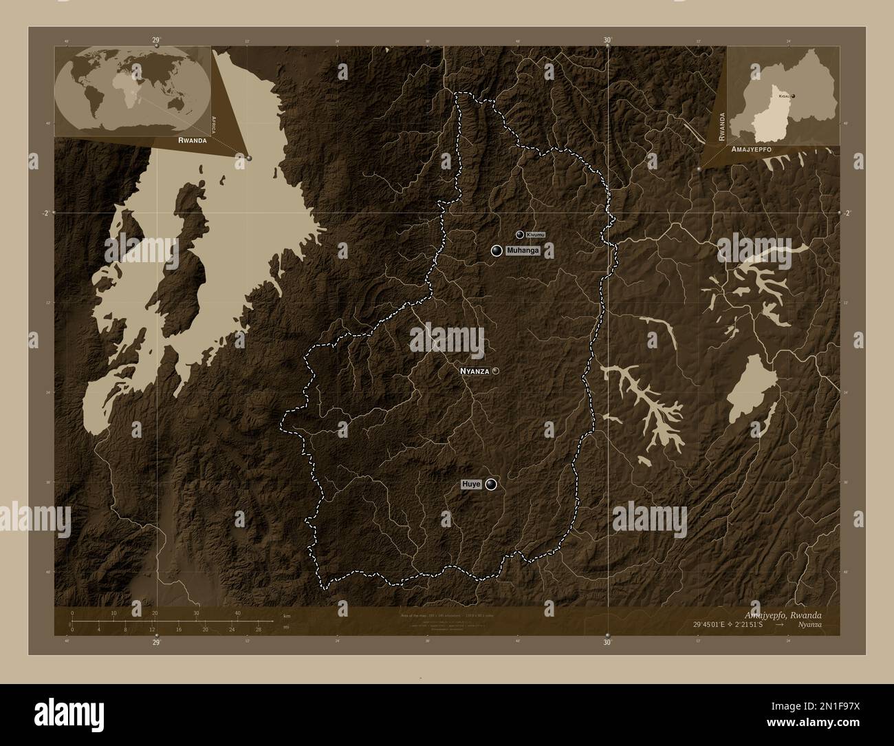 Amajyepfo, province of Rwanda. Elevation map colored in sepia tones ...