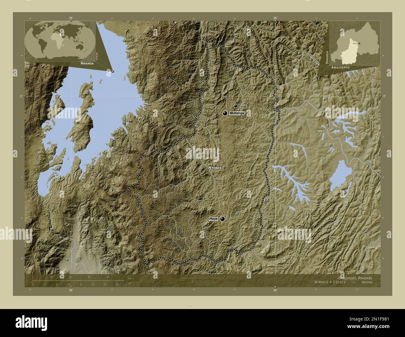 Amajyepfo, province of Rwanda. Elevation map colored in wiki style with ...