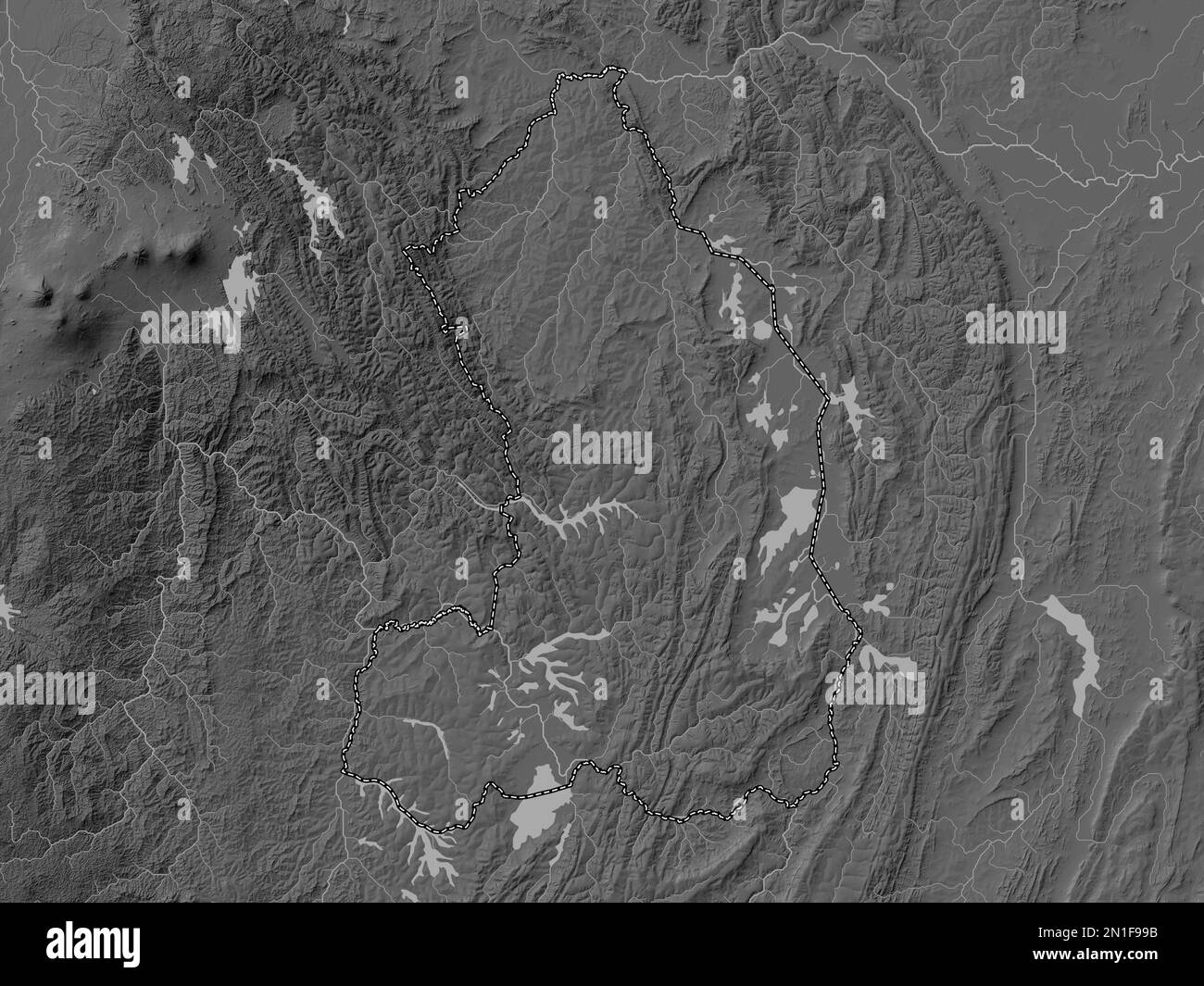 Iburasirazuba, province of Rwanda. Grayscale elevation map with lakes ...