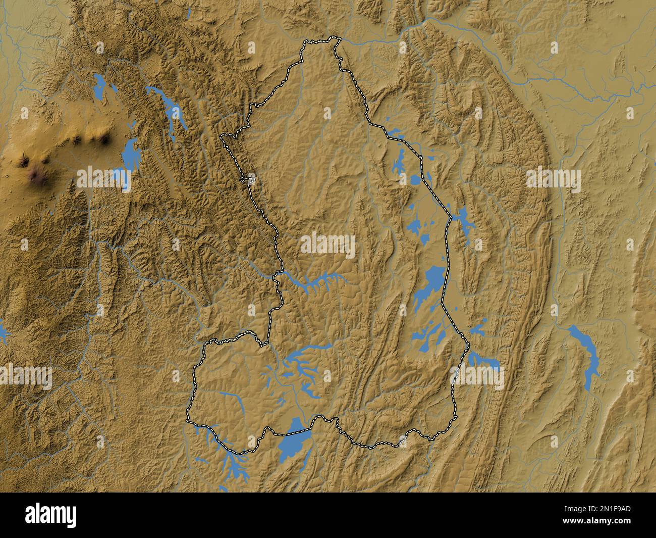 Iburasirazuba, province of Rwanda. Colored elevation map with lakes and ...