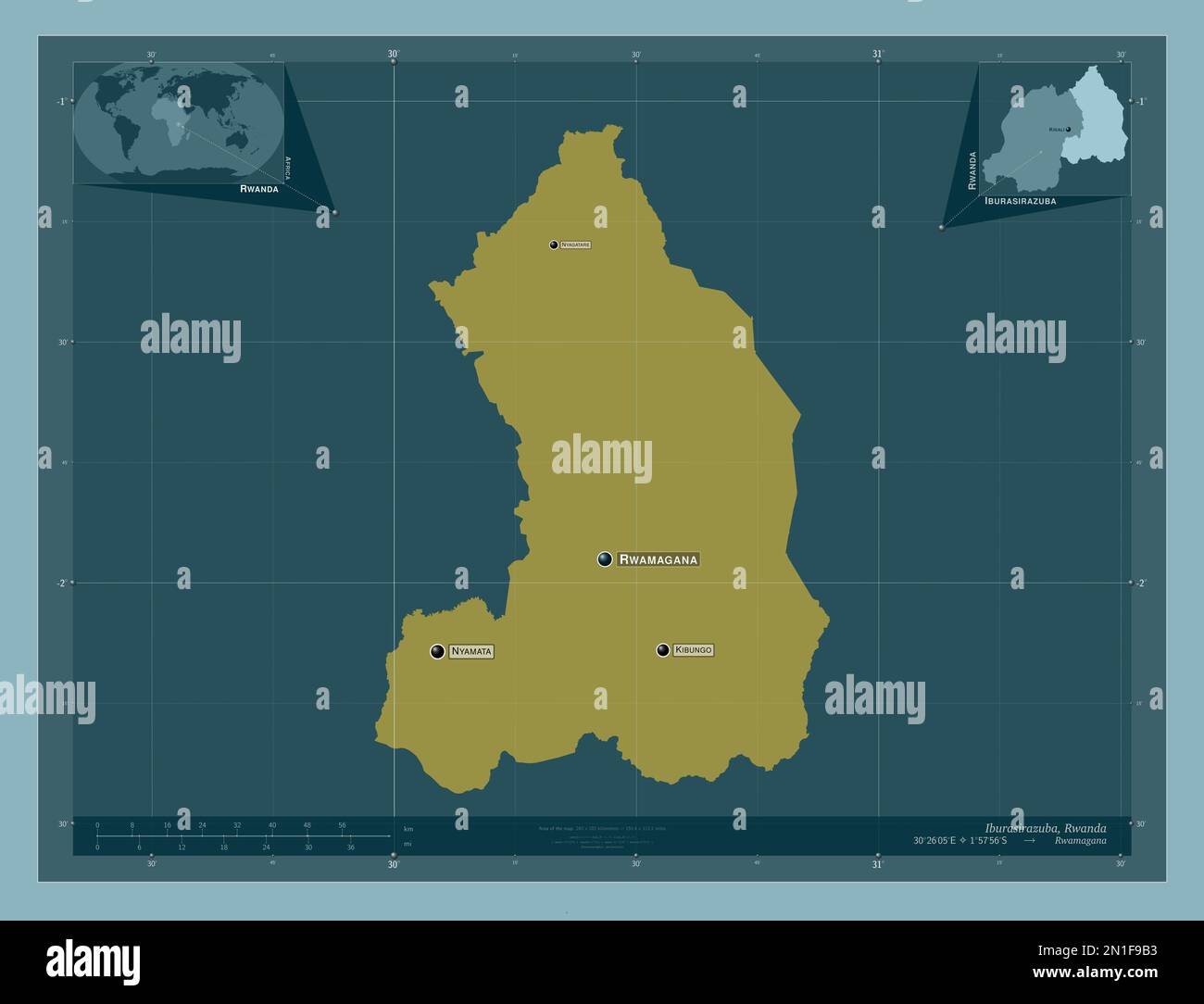 Iburasirazuba, province of Rwanda. Solid color shape. Locations and ...