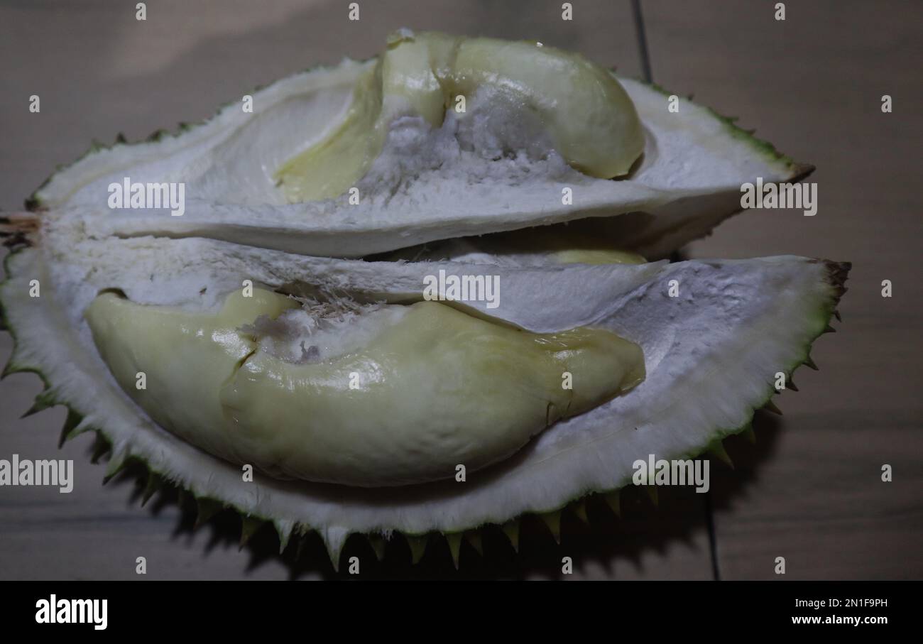 Top view of fresh yellow Durian fruit with blurred background Stock ...