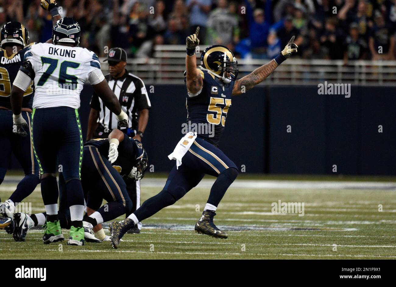 St. Louis Rams linebacker James Laurinaitis celebrates following the ...