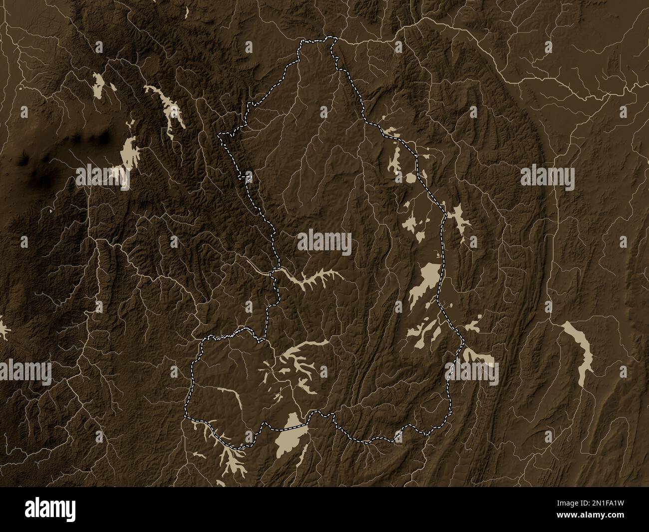 Iburasirazuba, province of Rwanda. Elevation map colored in sepia tones ...