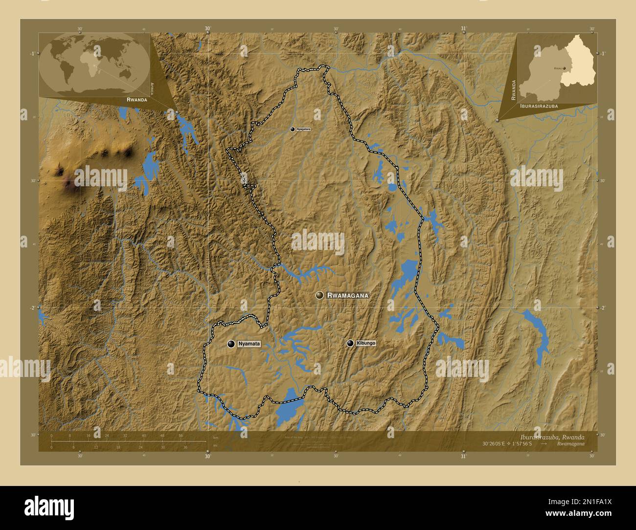 Iburasirazuba, province of Rwanda. Colored elevation map with lakes and ...