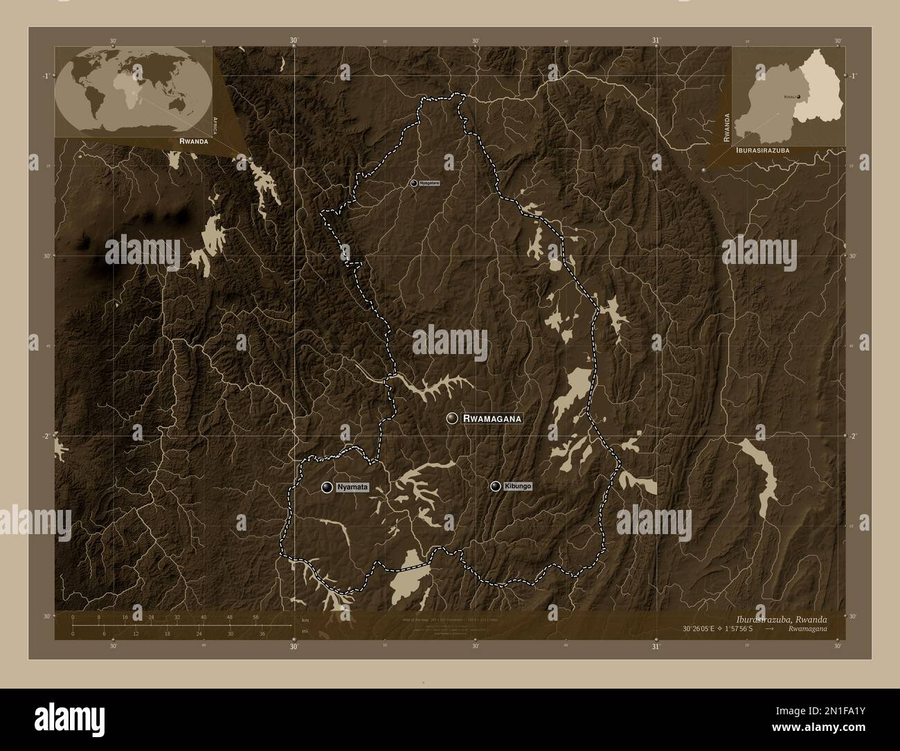 Iburasirazuba, province of Rwanda. Elevation map colored in sepia tones ...
