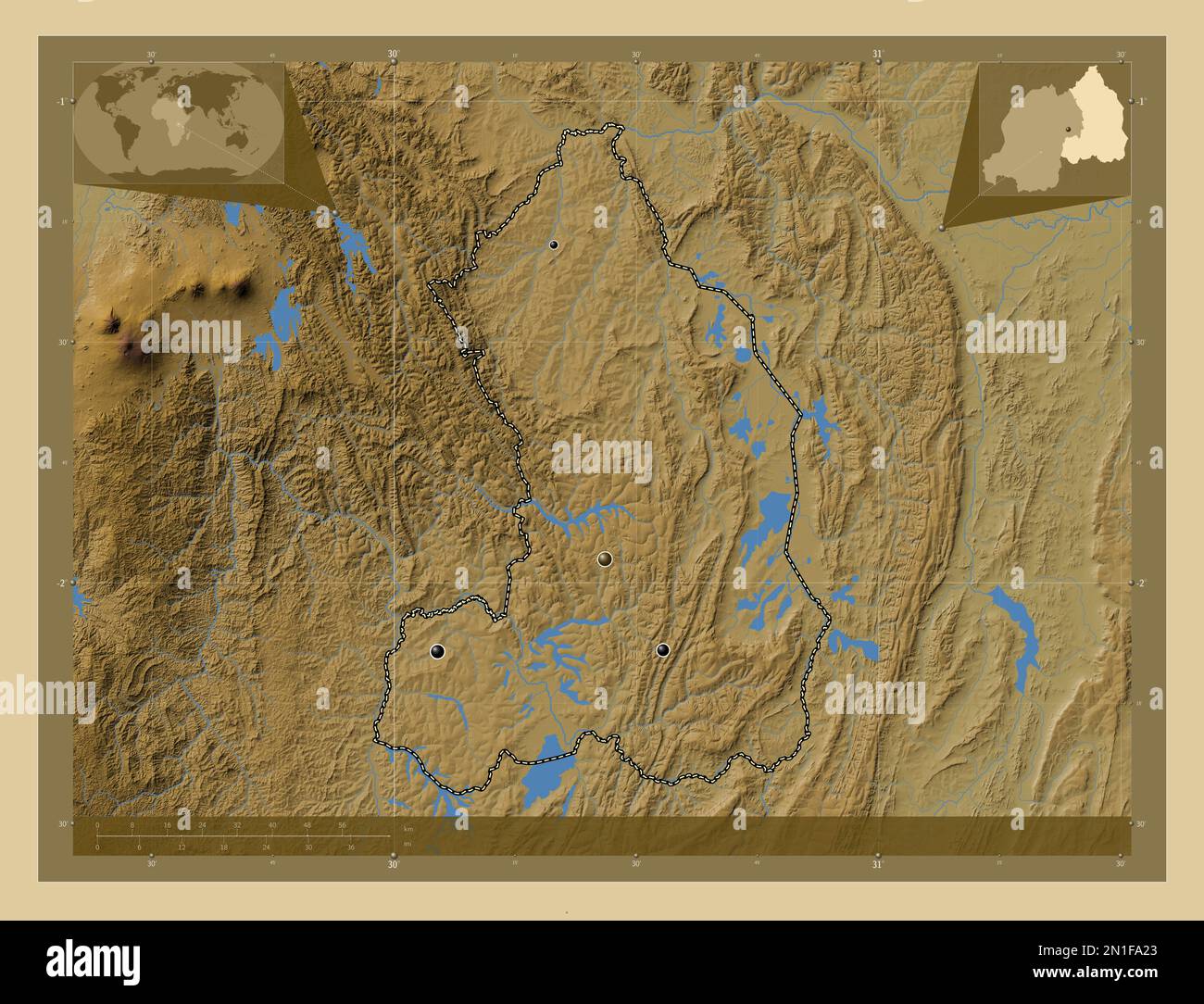Iburasirazuba, province of Rwanda. Colored elevation map with lakes and ...
