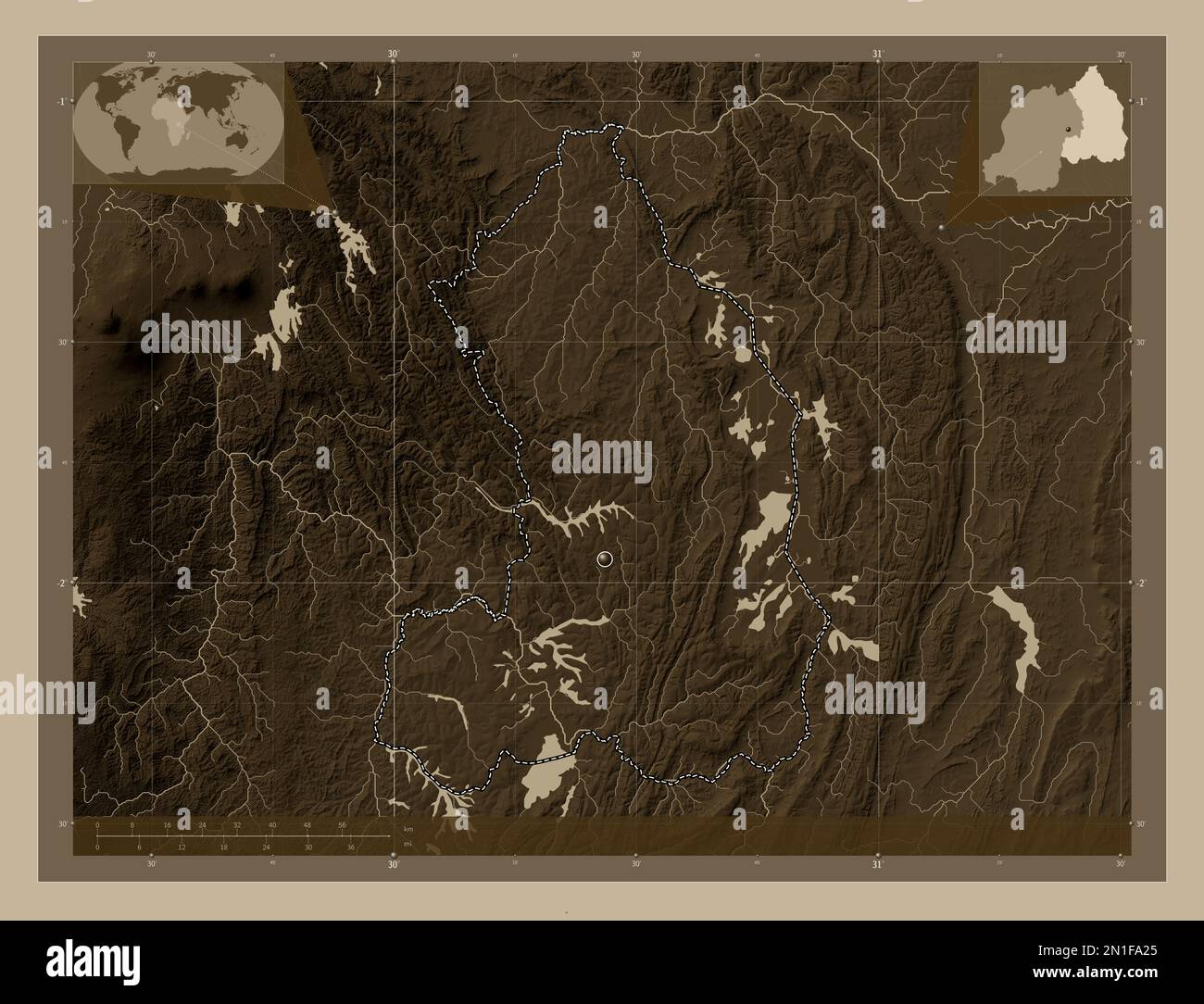 Iburasirazuba, province of Rwanda. Elevation map colored in sepia tones ...