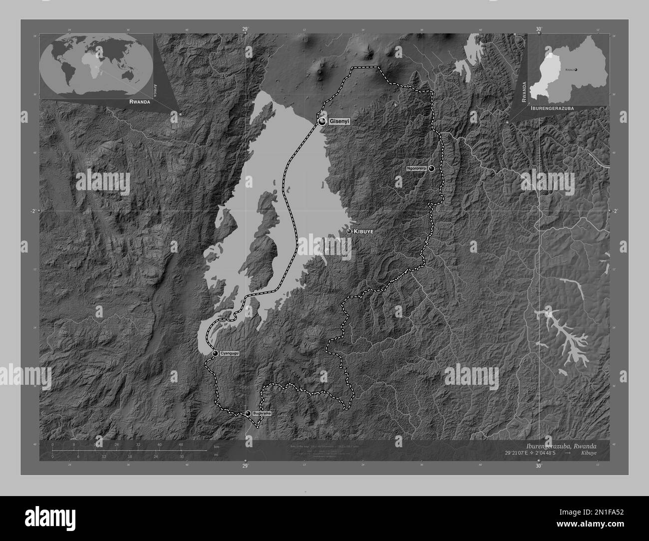 Iburengerazuba, province of Rwanda. Grayscale elevation map with lakes ...