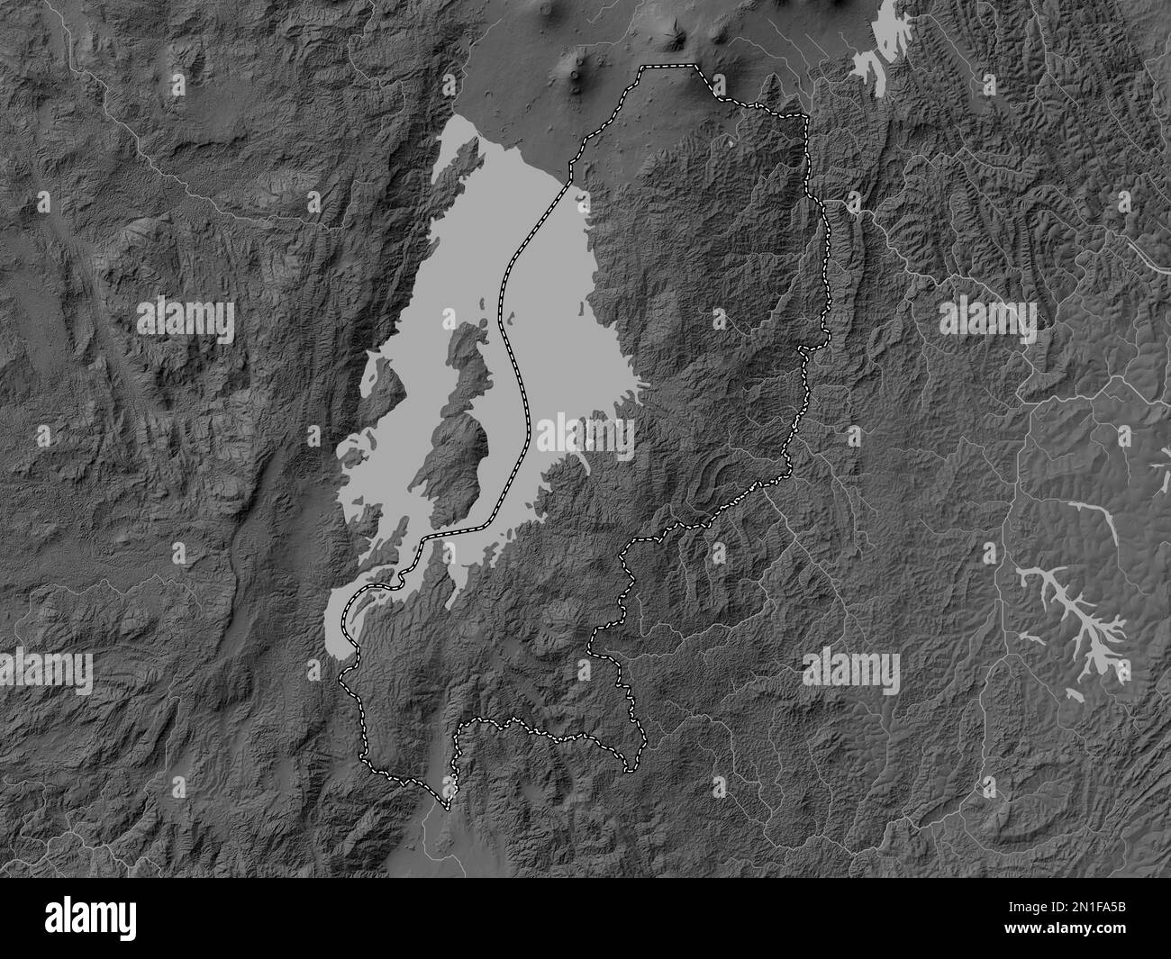 Iburengerazuba, province of Rwanda. Grayscale elevation map with lakes ...