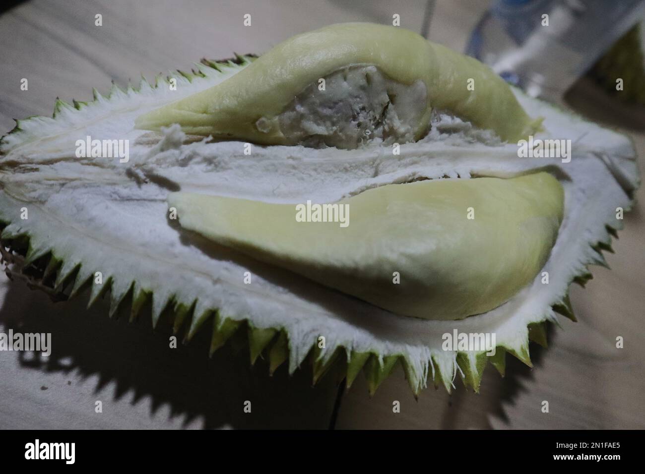 Top view of fresh yellow Durian fruit with blurred background Stock ...