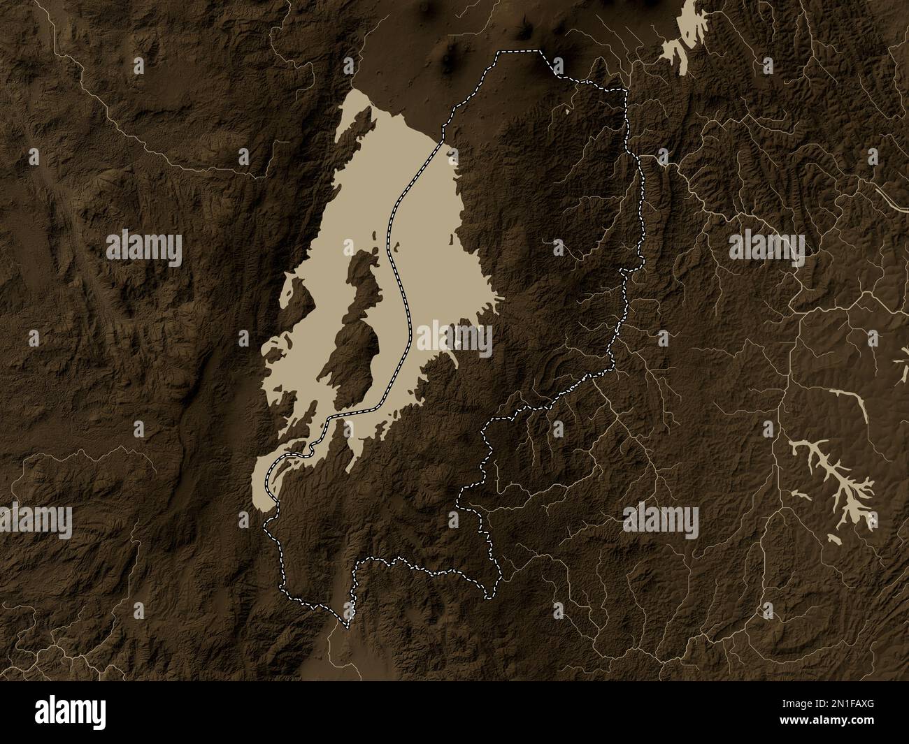 Iburengerazuba, province of Rwanda. Elevation map colored in sepia ...